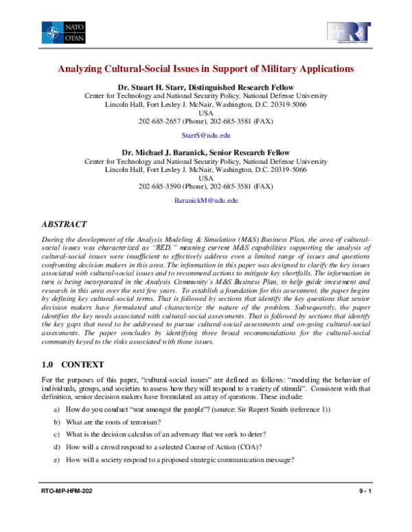 (PDF) Analyzing Cultural-Social Issues in Support of Military Applications