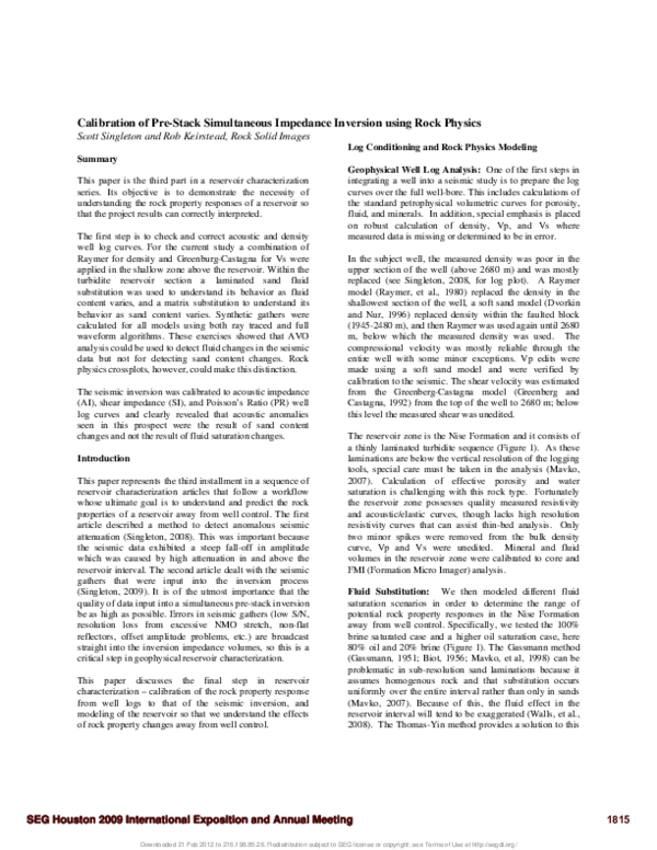 Pdf Calibration Of Prestack Simultaneous Impedance Inversion Using Rock Physics
