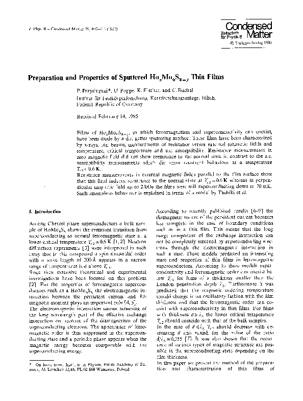 (PDF) Preparation and properties of sputtered Ho x Mo6S8−y thin films