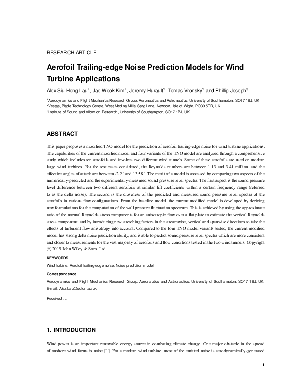 (PDF) Aerofoil trailing-edge noise prediction models for wind turbine applications