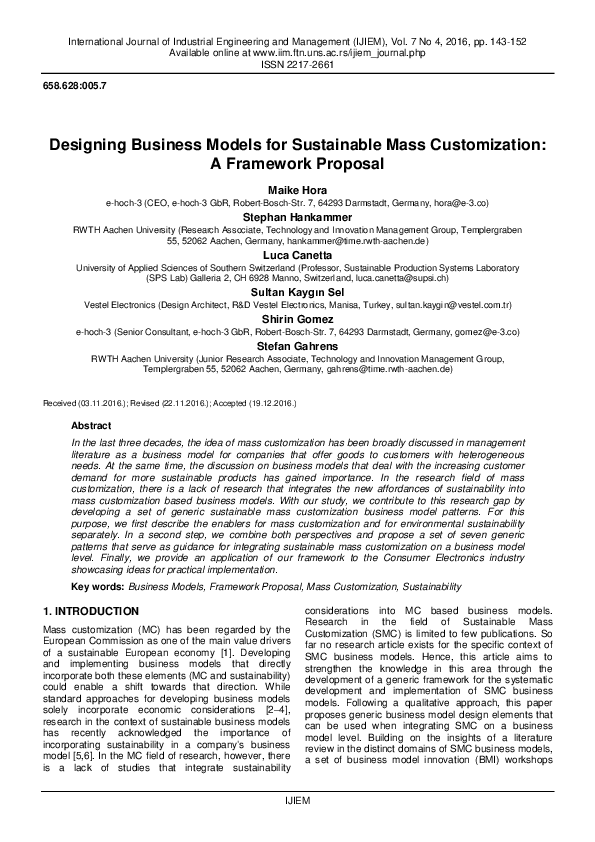 Pdf Designing Business Models For Sustainable Mass Customization A Framework Proposal
