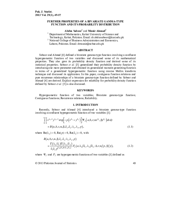 (PDF) Further Properties of a Bivariate Gamma-Type Function and Its ...