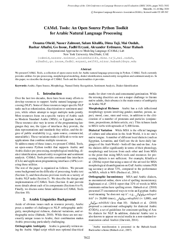 Pdf Camel Tools An Open Source Python Toolkit For Arabic Natural Language Processing