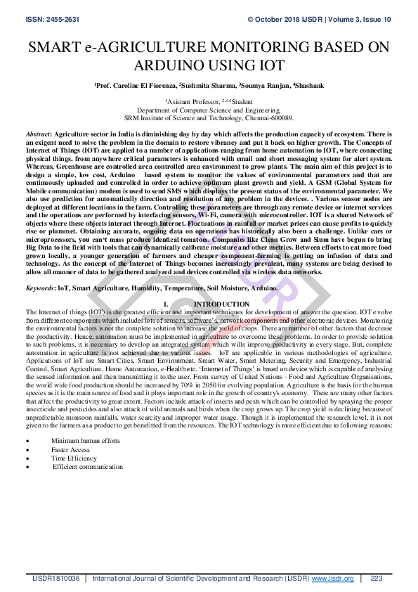 Pdf Smart E Agriculture Monitoring Based On Arduino Using Iot