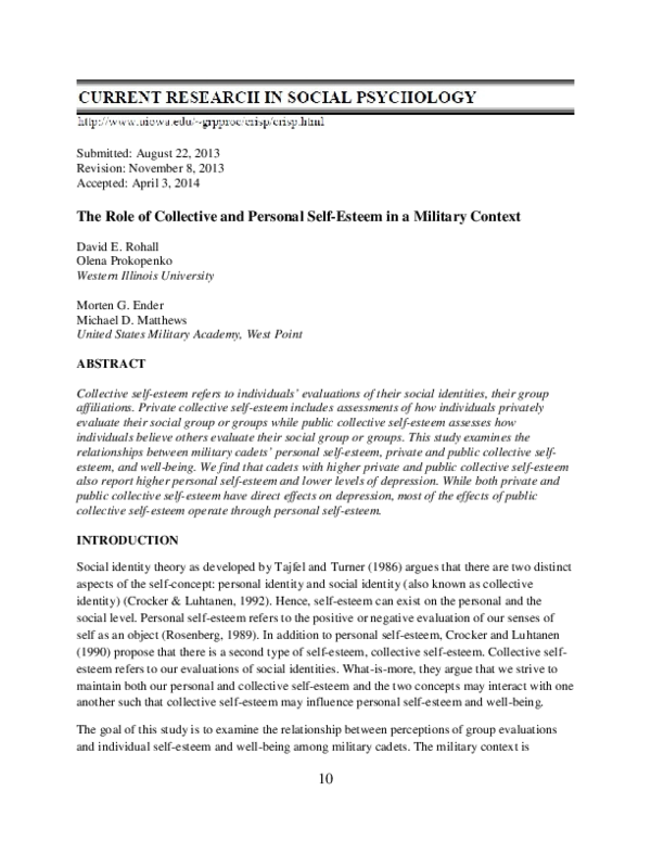 (PDF) The Role of Collective and Personal Self-Esteem in a Military Context