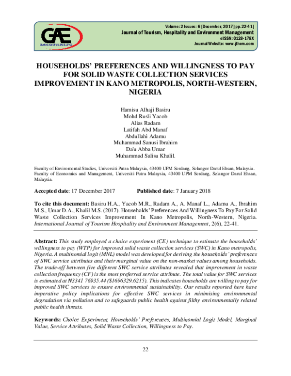 (PDF) Households’ Preferences and Willingness to Pay for Solid Waste Collection Services ...