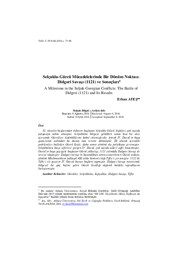 (PDF) Selçuklu-Gürcü Mücadelelerinde Bir Dönüm Noktası: Didgori Savaşı ...
