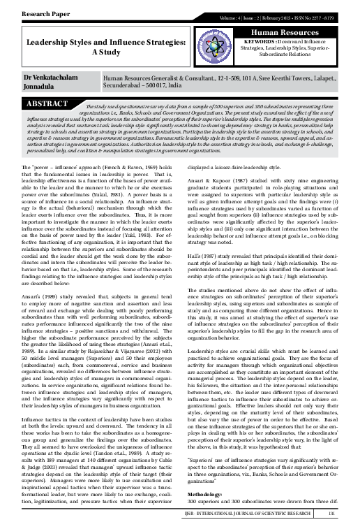 (PDF) Leadership Styles and Influence Strategies: A Study