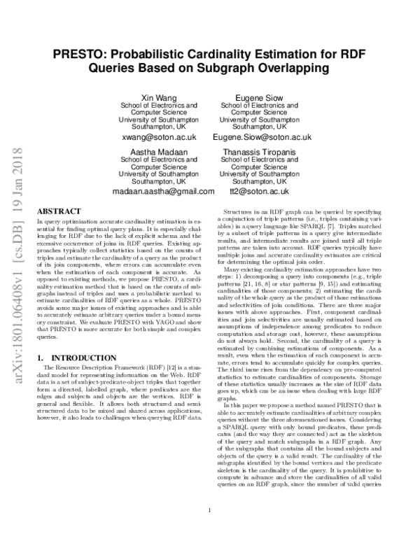 (PDF) PRESTO: Probabilistic Cardinality Estimation for RDF Queries Based on Subgraph Overlapping ...