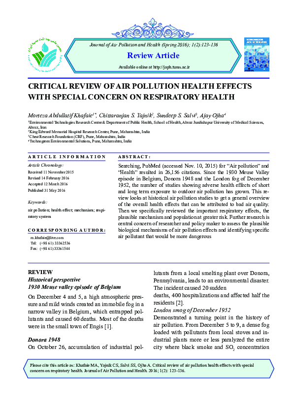 (PDF) Critical Review of Air Pollution Health Effects with Special ...