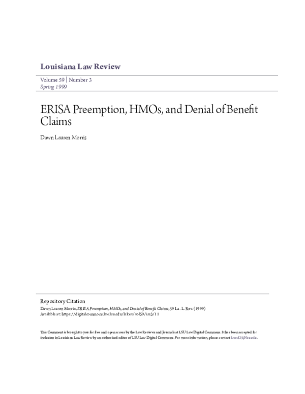 (PDF) ERISA Preemption, HMOs, and Denial of Benefit Claims