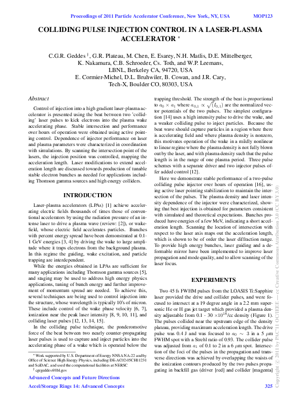 (PDF) Colliding Pulse Injection Control in a Laser-Plasma Accelerator