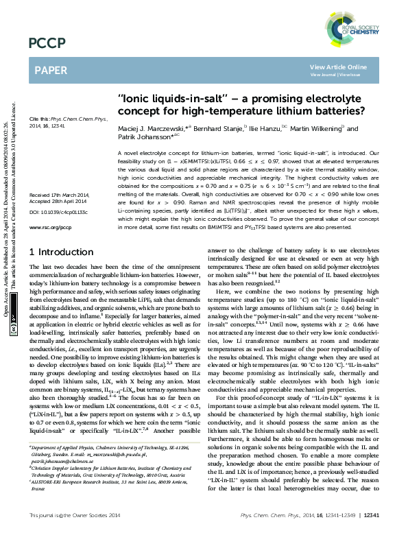 (PDF) “Ionic liquids-in-salt” – a promising electrolyte concept for ...