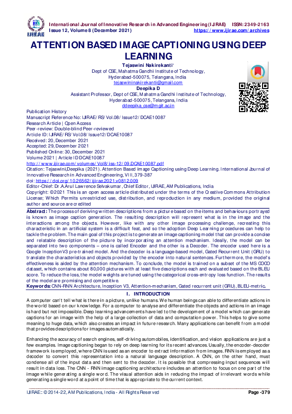 (PDF) ATTENTION BASED IMAGE CAPTIONING USING DEEP LEARNING