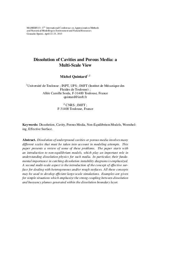 (PDF) Dissolution of Cavities and Porous Media: a Multi-Scale View