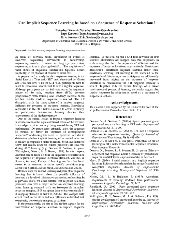 (PDF) Can Implicit Sequence Learning be Based on a Sequence of Response Selections