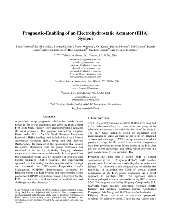(PDF) Prognostic-Enabling of an Electrohydrostatic Actuator ( EHA ) System