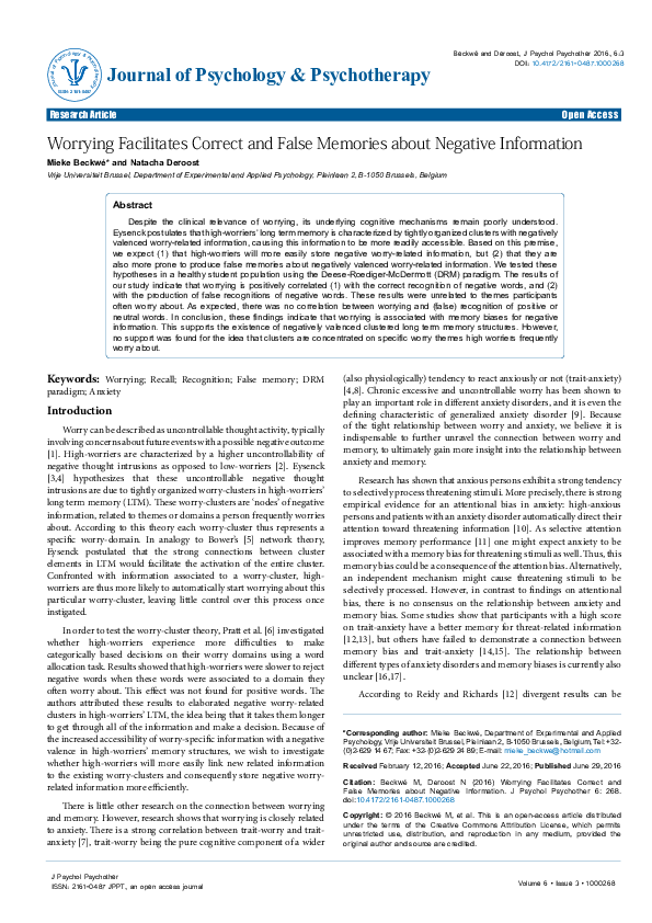 (PDF) Worrying Facilitates Correct and False Memories about Negative ...
