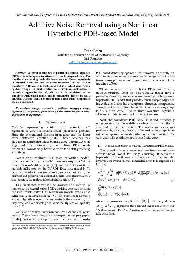 Pdf Additive Noise Removal Using A Nonlinear Hyperbolic Pde Based Model