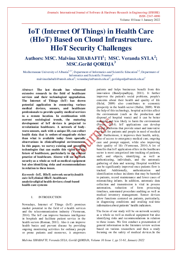 (PDF) IoT (Internet Of Things) in Health Care (HIoT) Based on Cloud Infrastructure. HIoT ...