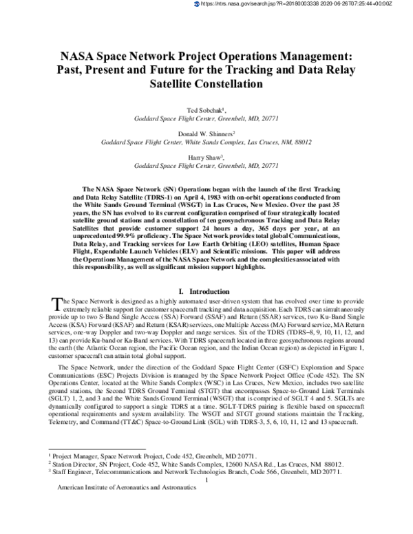 (PDF) NASA Space Network Project Operations Management: Past, Present ...