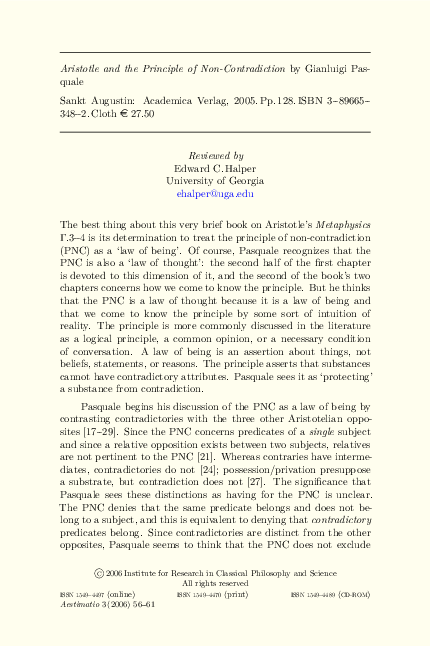 (PDF) Aristotle and the Principle of Non-Contradiction