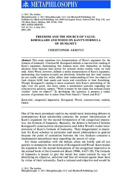 (PDF) Freedom and the Source of Value: Korsgaard and Wood on Kant's ...
