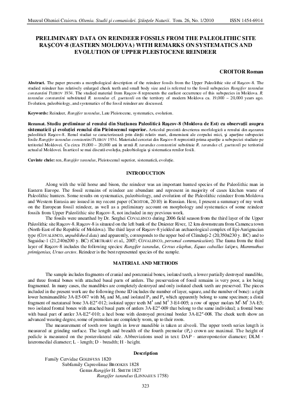 (PDF) Preliminary Data on Reindeer Fossils from the Paleolithic Site Ra ...