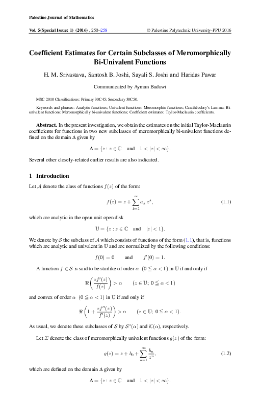 (PDF) Coefficient Estimates for Certain Subclasses of Meromorphically ...