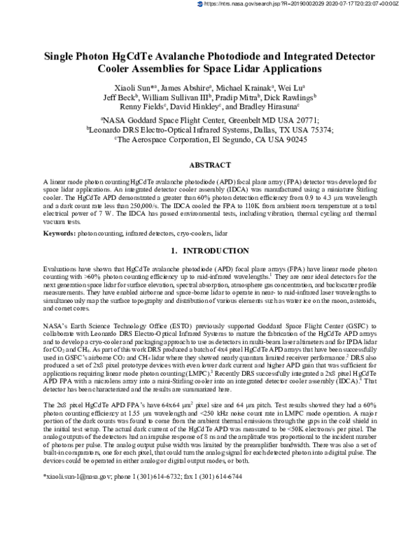 (PDF) Single photon HgCdTe avalanche photodiode and integrated detector cooler assemblies for ...