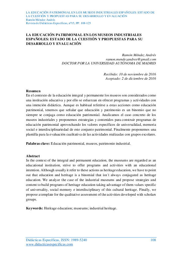 (PDF) La Educación Patrimonial en Los Museos Industriales Españoles: Estado De La Cuestión y ...