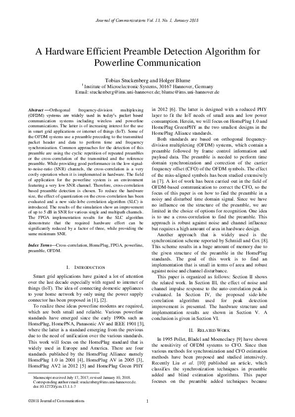 (PDF) A Hardware Efficient Preamble Detection Algorithm for Powerline Communication