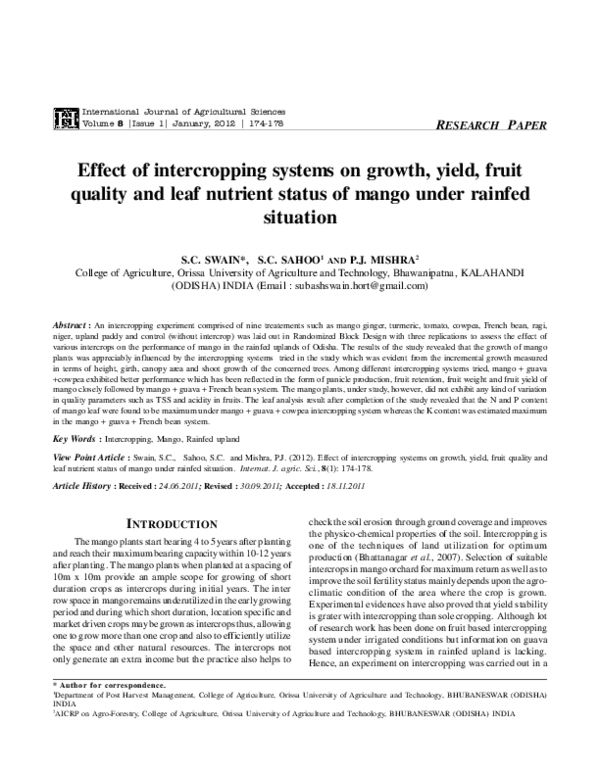 (PDF) Effect of intercropping systems on growth , yield , fruit quality ...
