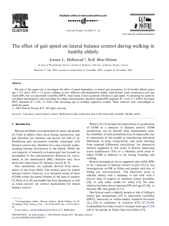 (PDF) The effect of gait speed on lateral balance control during ...