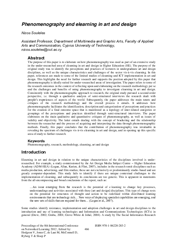 (PDF) Phenomenography and elearning in art and design