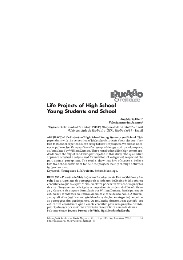 (PDF) Life Projects of High School Young Students and School