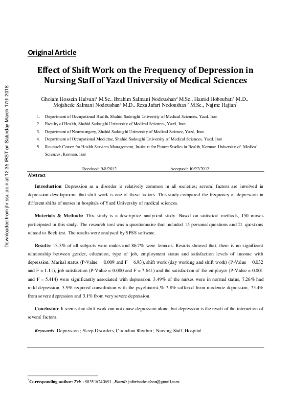 (PDF) Effect of Shift Work on the Frequency of Depression in