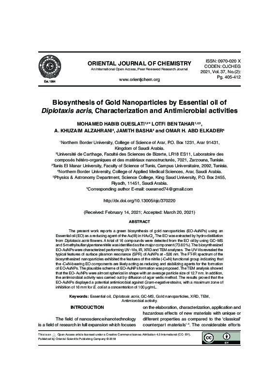 (PDF) Biosynthesis of Gold Nanoparticles by Essential Oil of Diplotaxis Acris Characterization ...