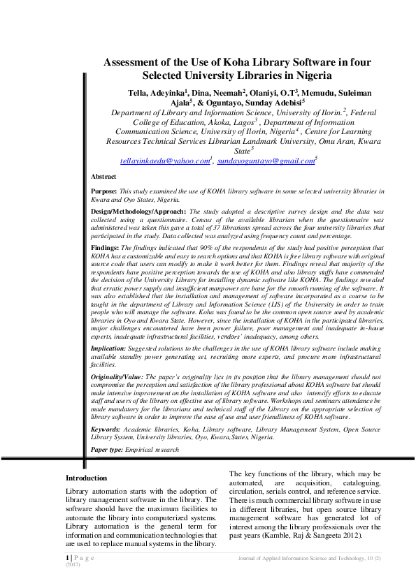 (PDF) Assessment of the Use of Koha Library Software in four Selected ...