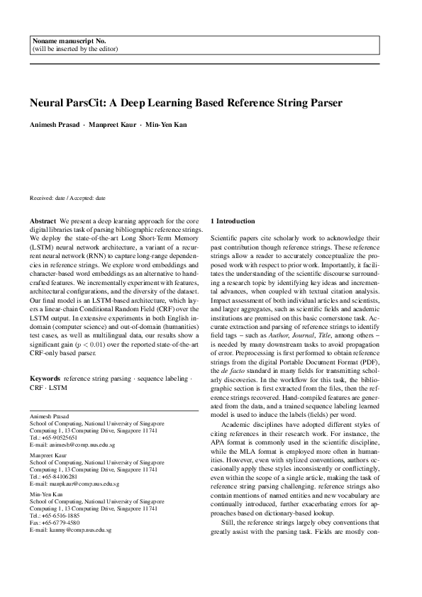 (PDF) Neural ParsCit: a deep learning-based reference string parser