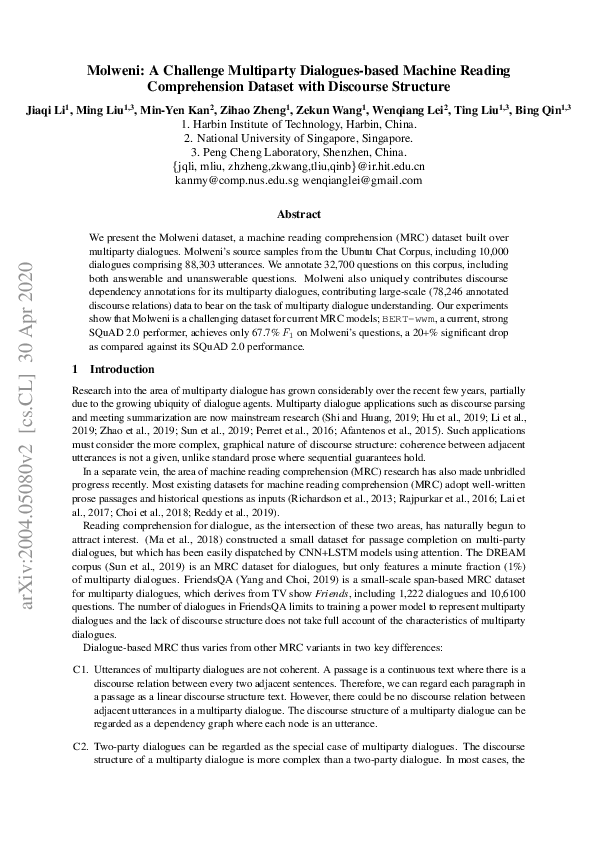 (PDF) Molweni: A Challenge Multiparty Dialogues-based Machine Reading Comprehension Dataset with ...