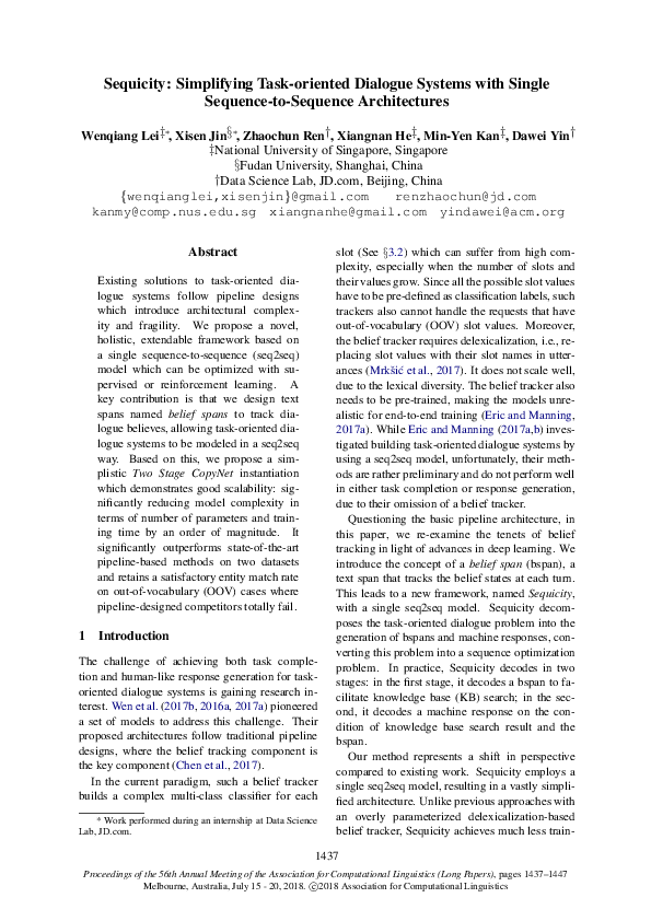 (PDF) Sequicity: Simplifying Task-oriented Dialogue Systems with Single Sequence-to-Sequence ...