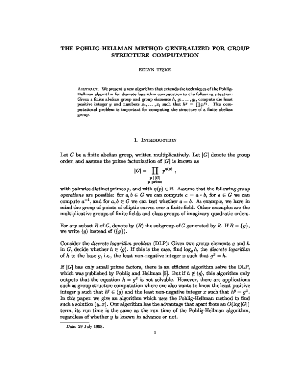 (PDF) The Pohlig–Hellman Method Generalized for Group Structure Computation