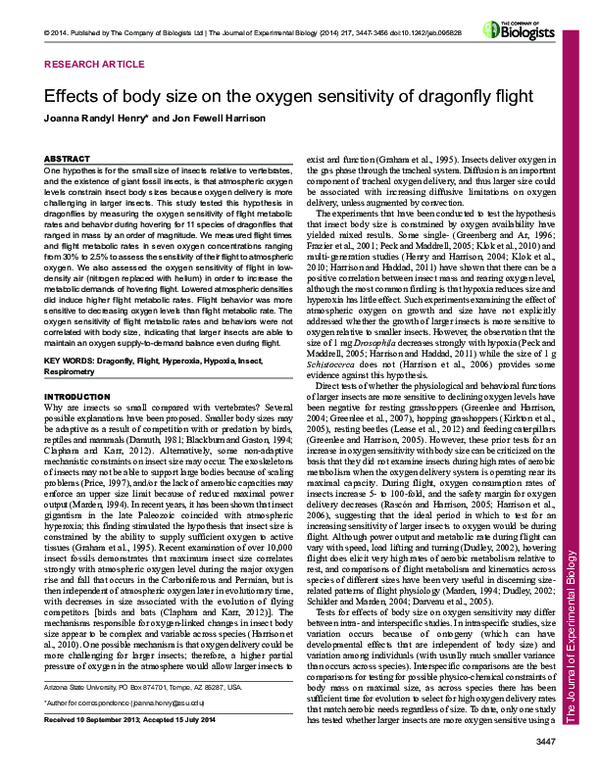 (PDF) Effects of body size on the oxygen sensitivity of dragonfly flight