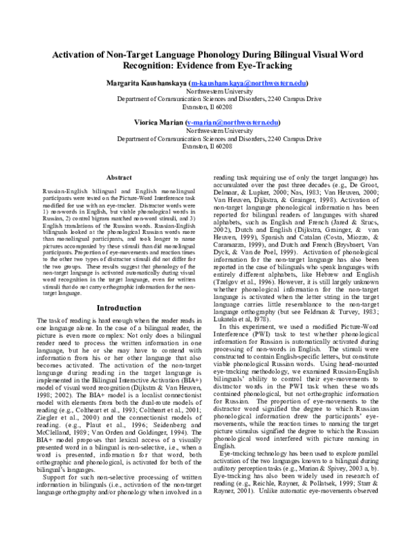 (PDF) Activation of Non-Target Language Phonology During Bilingual ...