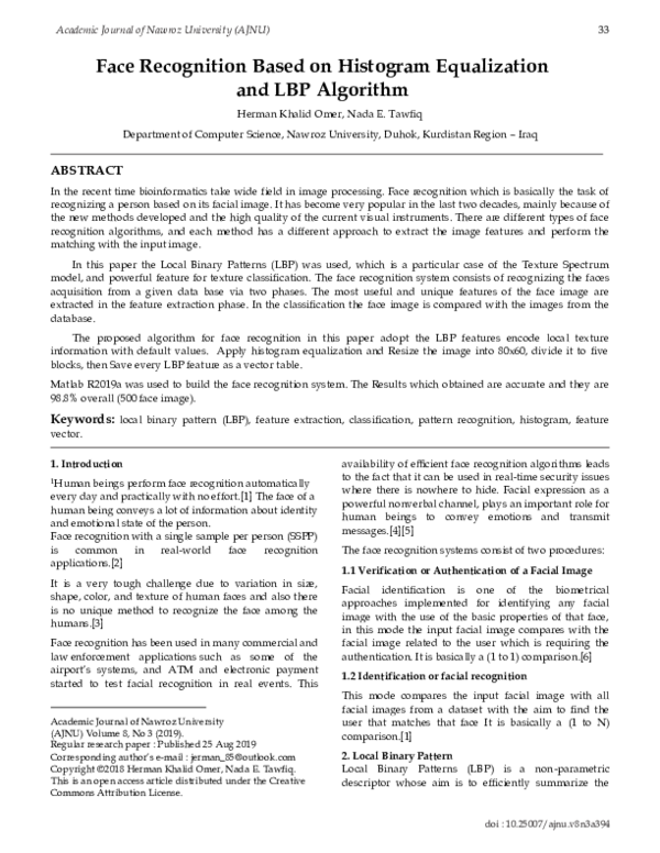 Pdf Face Recognition Based On Histogram Equalization And Lbp Algorithm 0243