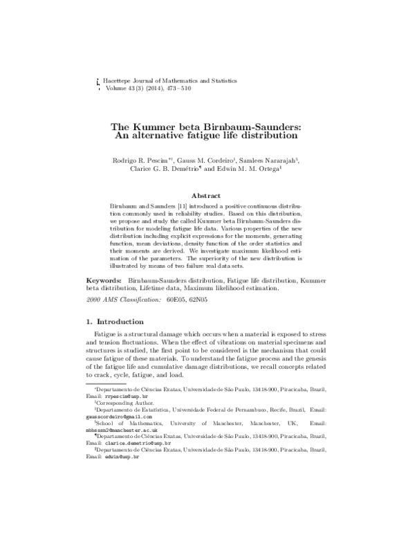 (PDF) The Kummer beta Birnbaum-Saunders: An alternative fatigue life distribution