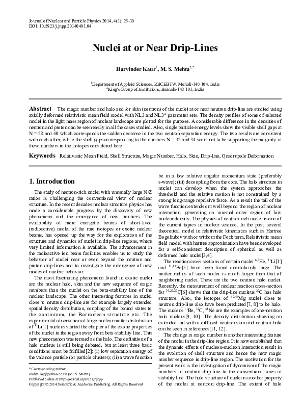 (PDF) Nuclei at or Near Drip-Lines