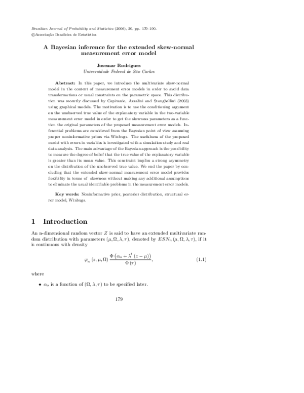 (PDF) A Bayesian inference for the extended skew-normal measurement error model