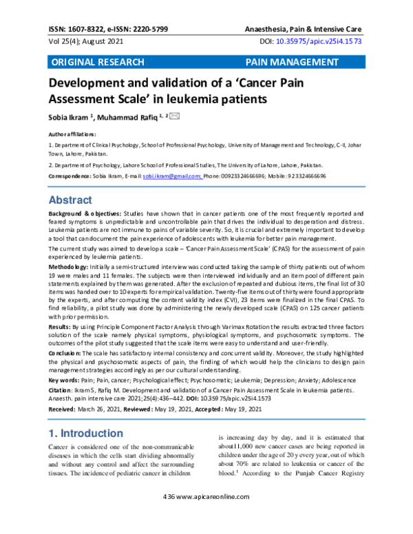 (PDF) Development and validation of a ‘Cancer Pain Assessment Scale’ in ...